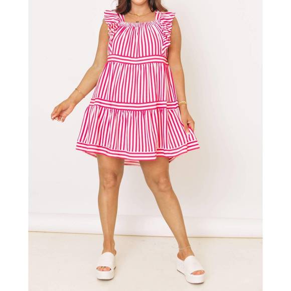 entro | Dresses | New Entro Striped Ruffle Sleeve Tiered Mini Dress In ...